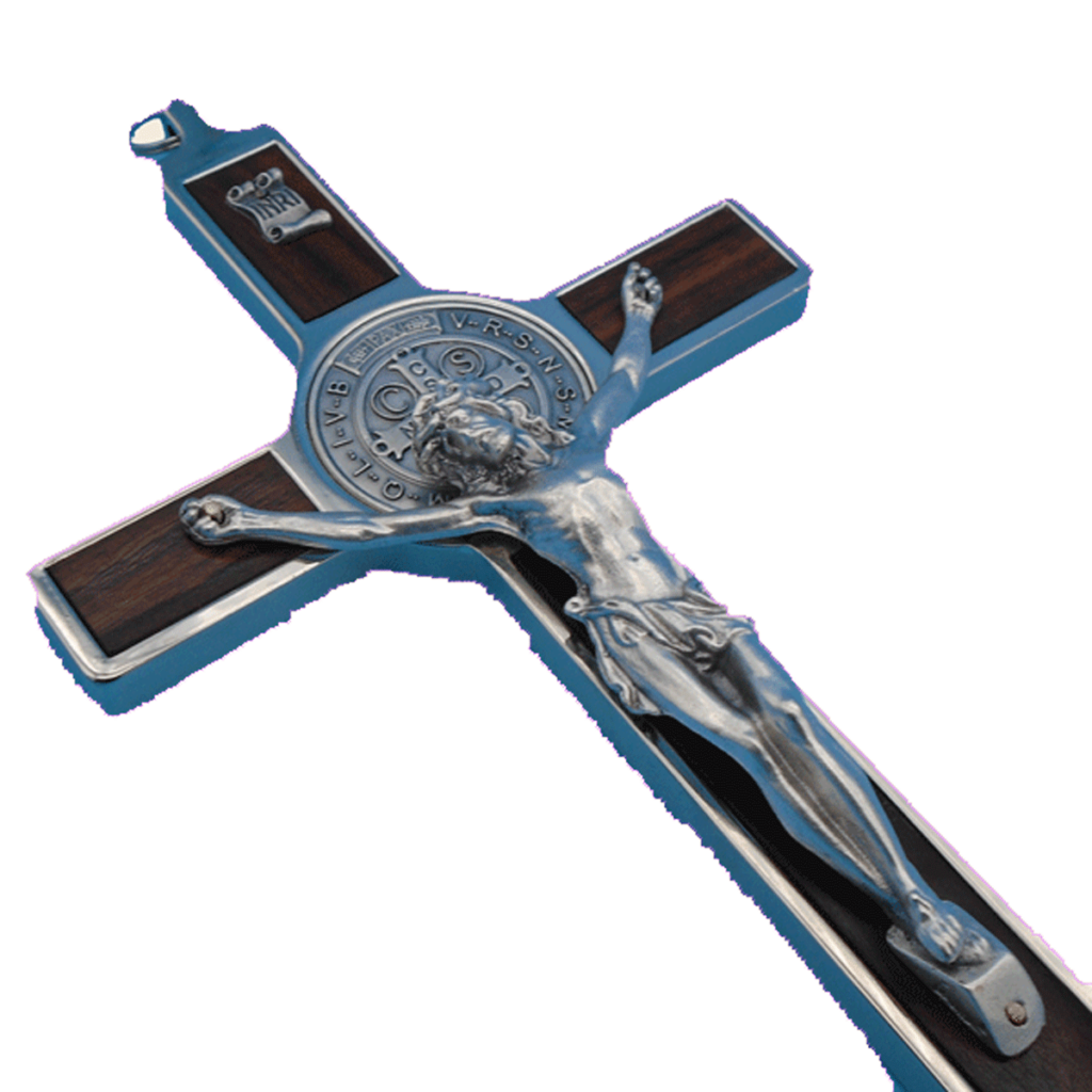 Medium 8" Saint Benedict Crucifix, Metal and Wood Inlay - Our Lady of ...